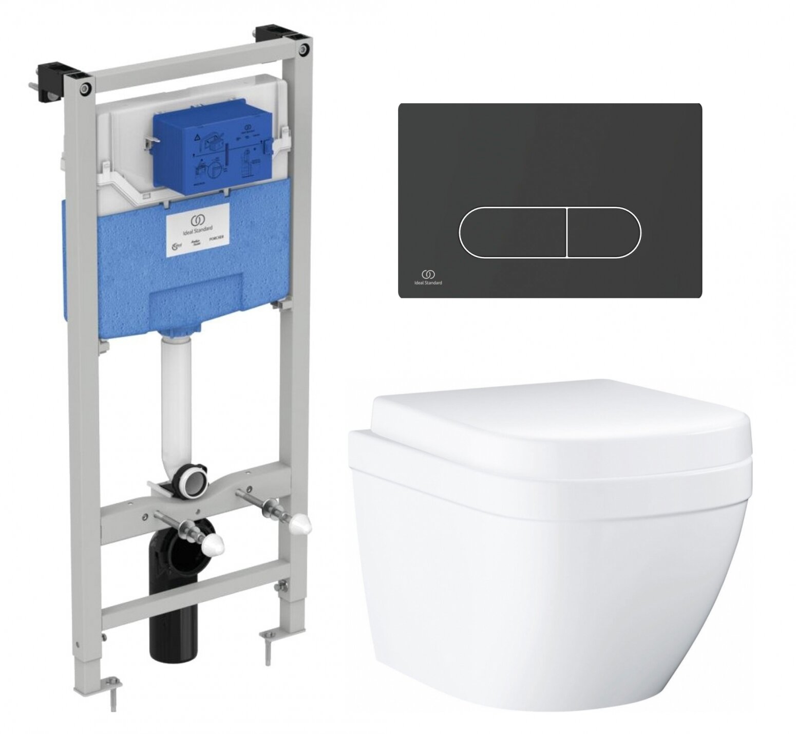 Комплект 3 в 1 инсталляция Ideal Standard + Унитаз подвесной Grohe Euro Ceramic 39206000 + кнопка черная