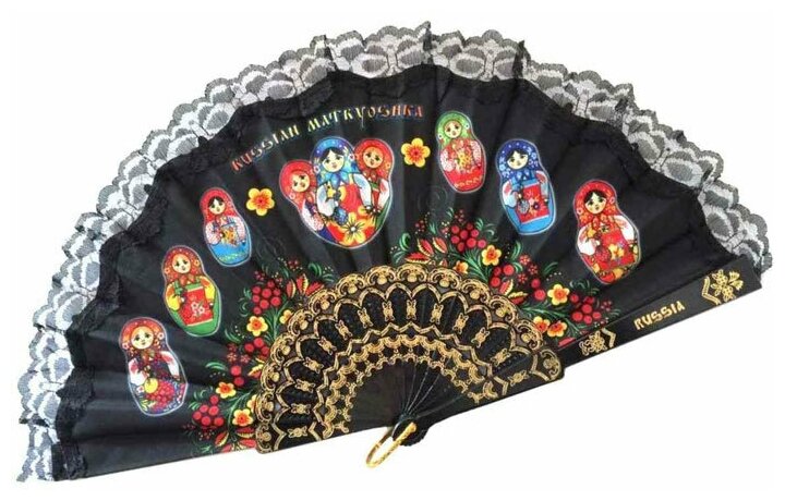Веер складной из пластика "Матрешка" (черного цвета)