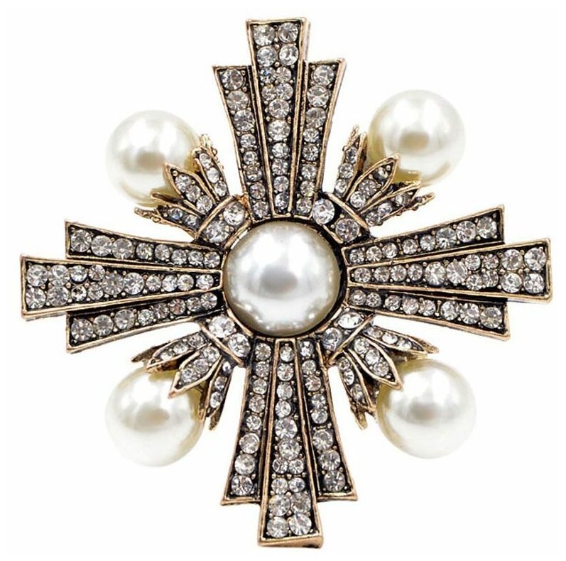 Брошь, жемчуг имитация, стразы