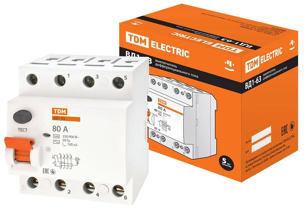 Устройство защитного отключения Tdm Electric УЗО ВД1-63, 4Р, 80 А, 100 мА