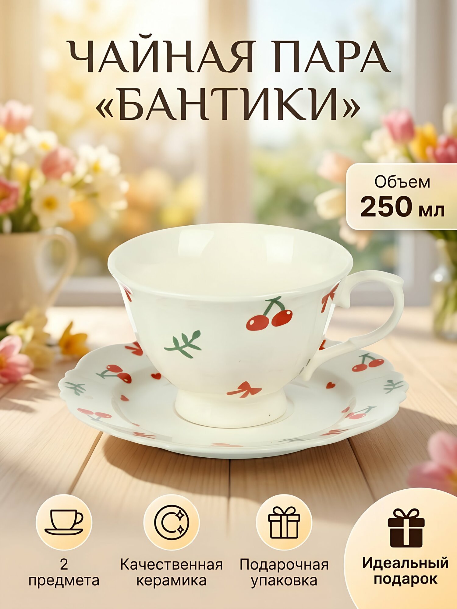Чайная пара керамика 2 предмета 250 мл Бантики Y4-13384 белая для чая и кофе в подарочной упаковке