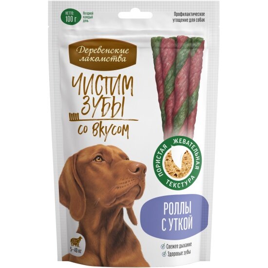 Лакомство для собак Деревенские Лакомства Чистим зубы Роллы с уткой, 100г