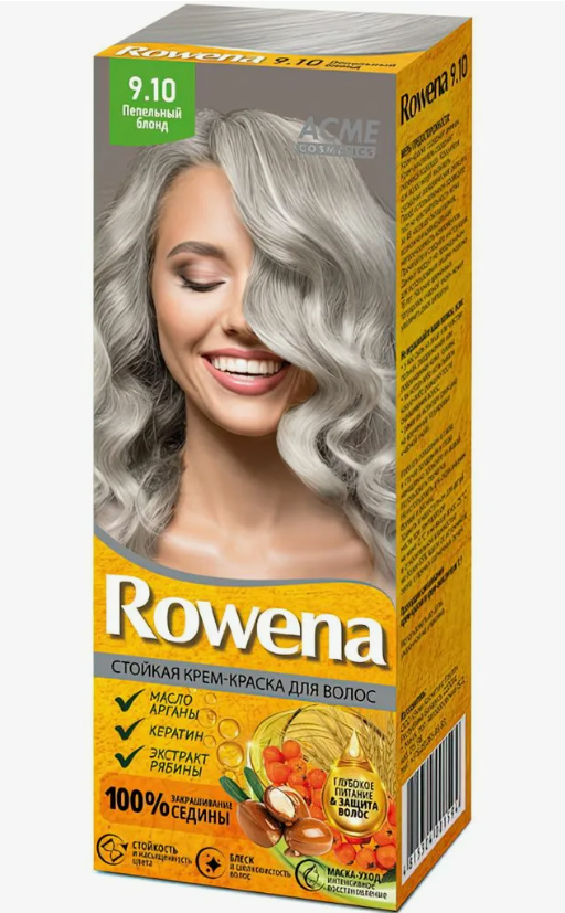 Стойкая крем-краска для волос Rowena, тон 9.10 пепельный блонд, 115 мл.