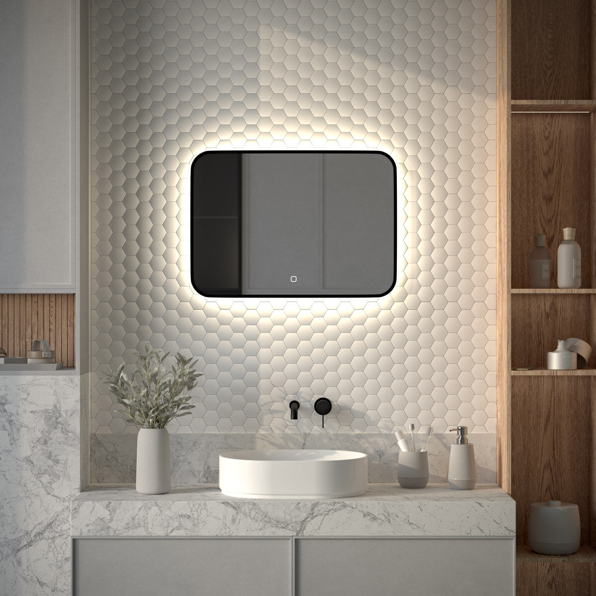 Зеркало с окантовкой и LED-подсветкой настенное AURA DEFESTO 70x50 см (Сенсорный выключатель), для гостиной, прихожей, спальни, кабинета и ванной комнаты, DF 2964SH