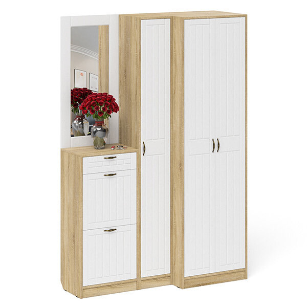 Прихожая П-6 Компоновка № 29, цвет дуб сонома/фасады МДФ белое дерево фрезеровка прованс