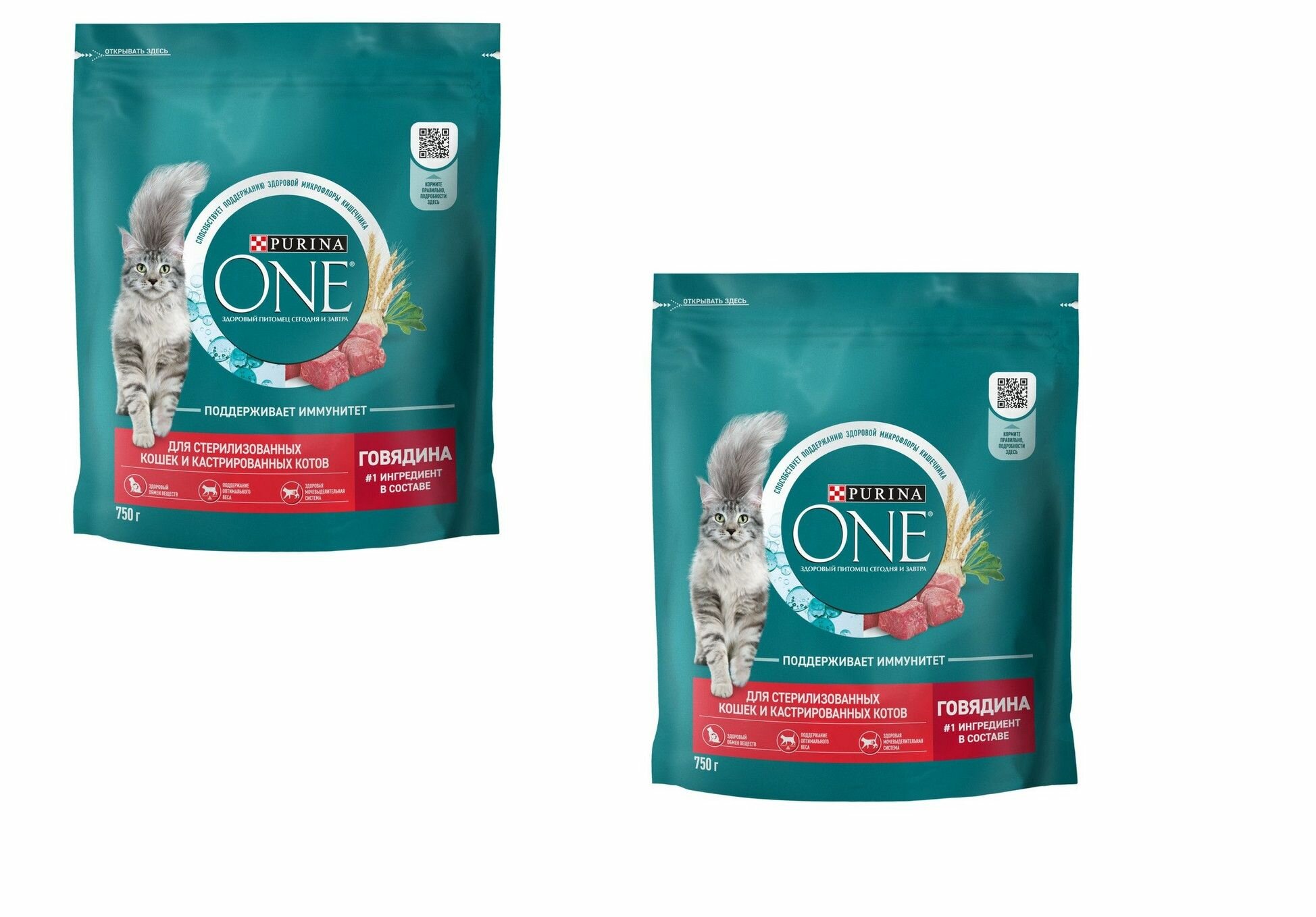 Purina ONE Сухой корм для стерилизованных кошек и кастрированных котов, с высоким содержанием говядины, 750 гр, 2 шт