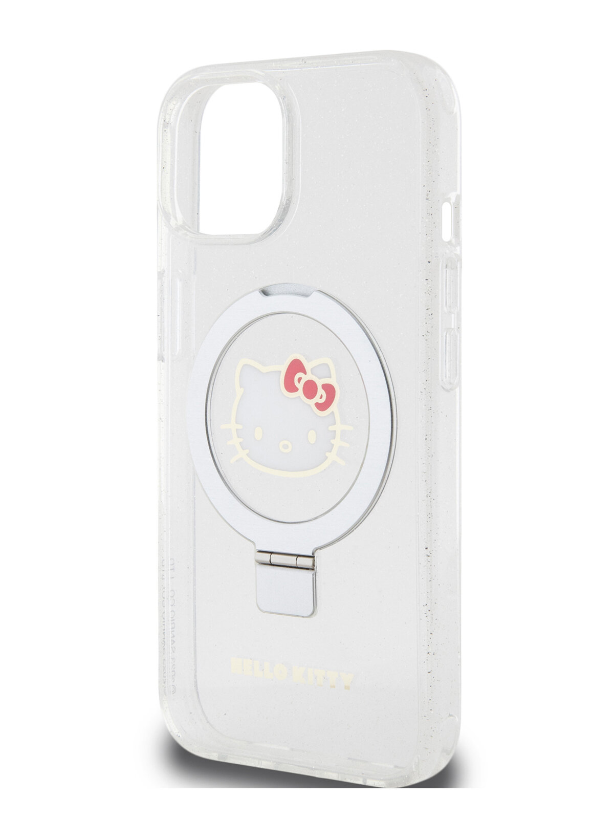 Hello Kitty для iPhone 15 чехол PC/TPU Kitty Head + Ring Stand Hard Glitter Transp (MagSafe)