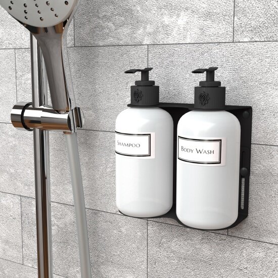Антивандальный держатель дозатора Embodiment для жидкого мыла и шампуней, настенный с антикоррозийном покрытием, на два флакона, черный