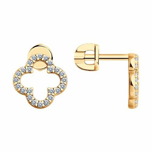 Серьги пусеты, серебро, 925 проба, золочение, фианит