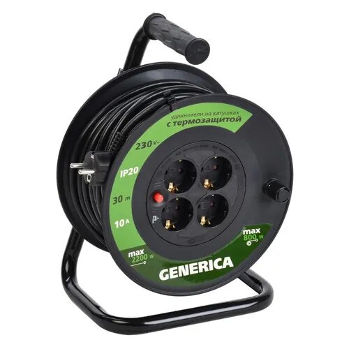 Удлинитель силовой IEK GENERICA УК30, розеток 4шт, 3x1.0 кв. мм, 10A, 30м, ПВС, катушка, черный [wkp10-10-04-30-g]