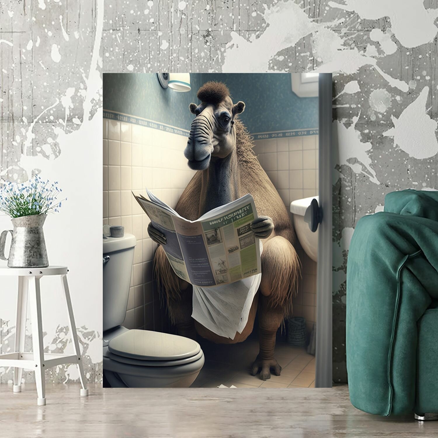 Картина в туалет, ванную комнату Верблюд читает газету, 50х70 см.