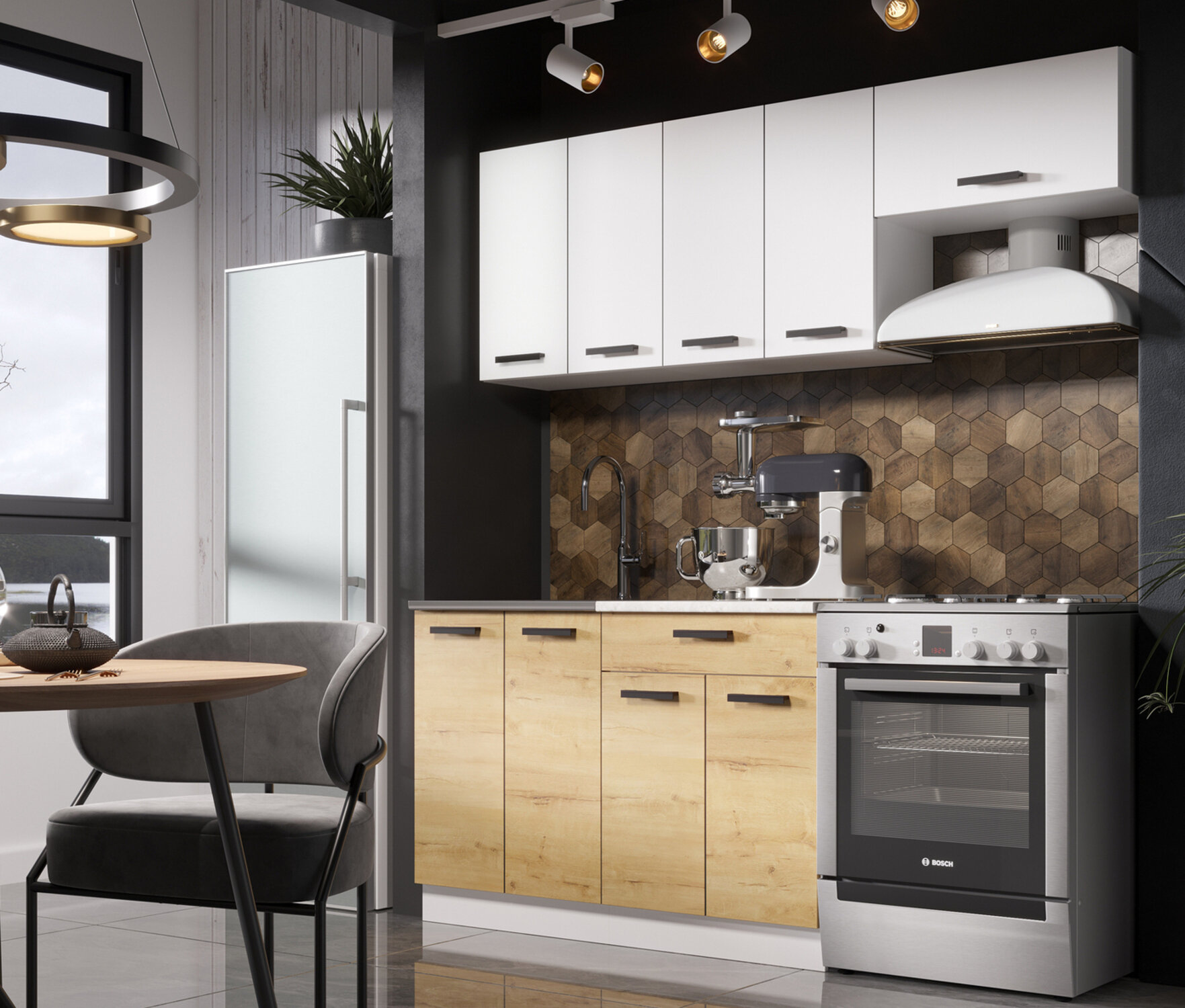 Кухонный гарнитур, кухня, готовый комплект Хозяюшка 1,2 м + ГАЗ600 Дуб Вотан/Белый гладкий