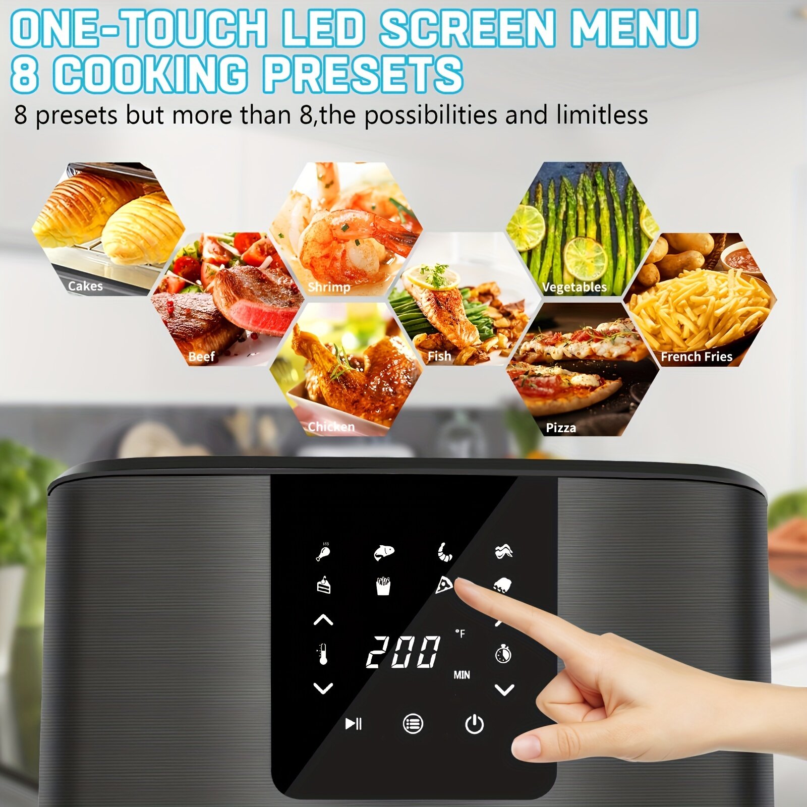 Большая воздушная фритюрница Kitcook, 1500 Вт, 7 кварт (6.6 л), регулируемая температура 100-400°F, 8 предустановленных программ, цифровой сенсорный экран, антипригарная корзина