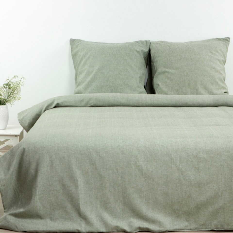 Льняное 1,5 спальное постельное белье Хвоя меланж, наволочки 70х70 см.