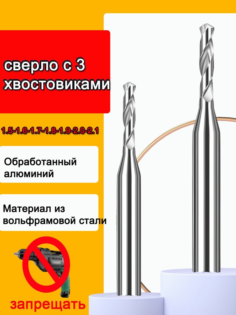 Сверло, карбид Вольфрама, для алюминия и меди, M1.7, длина 40мм