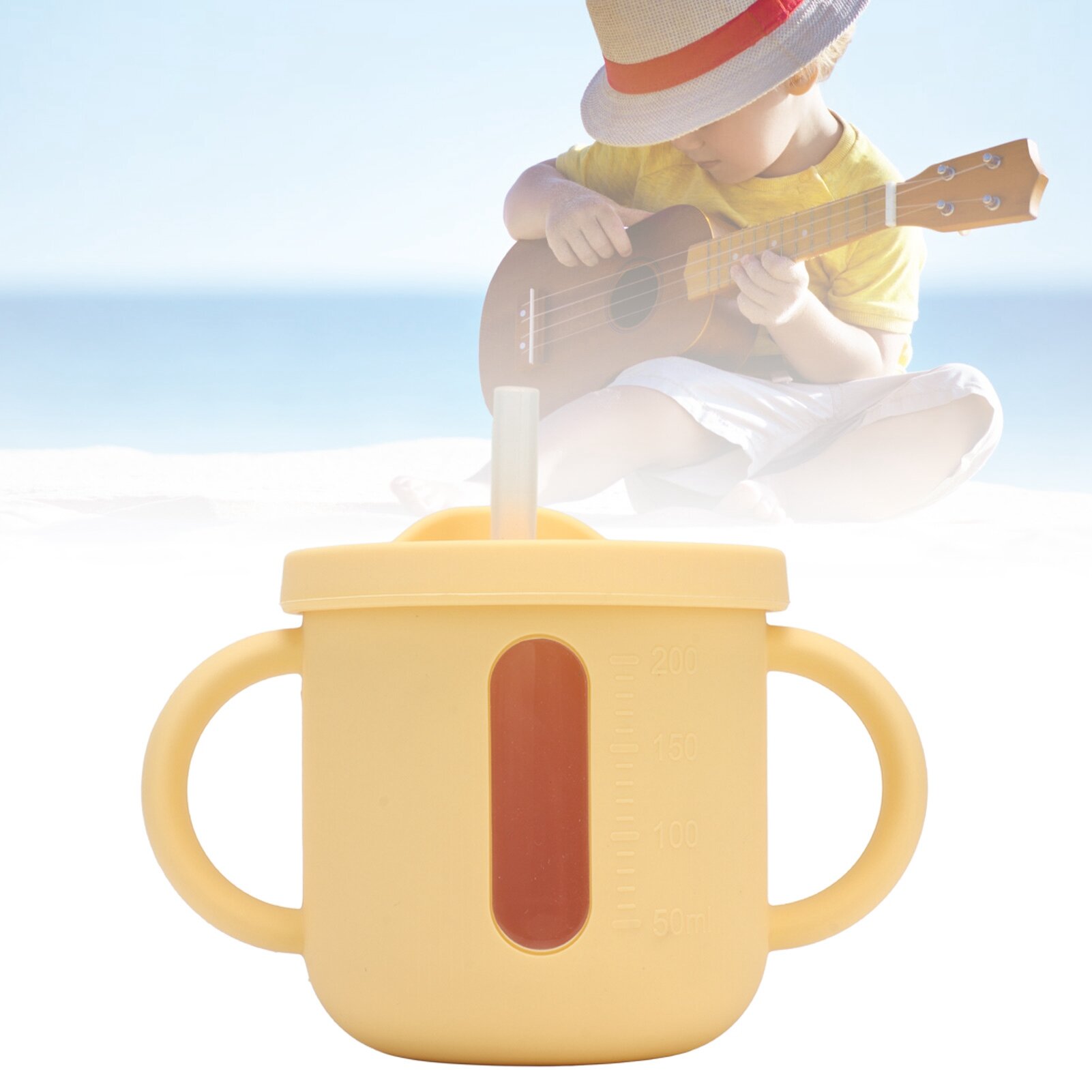 Силиконовые чашки-непроливайки с двойной ручкой, легкая тренировочная чашка для малышей с плотной герметичной крышкой для домашних путешествий, желтый цвет