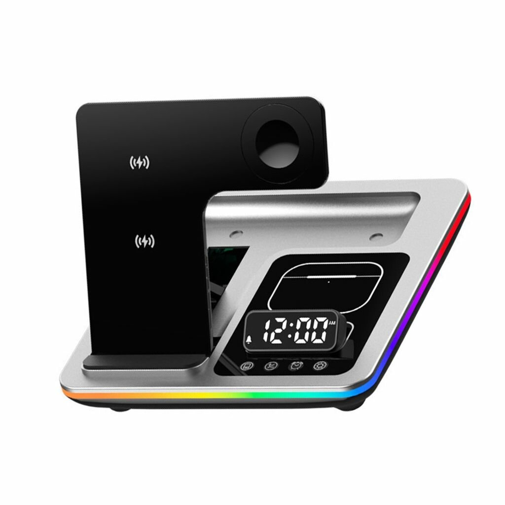 Часы с цифровым дисплеем и беспроводным зарядным устройством "пять в одном" с красочной подсветкой RGB-серый
