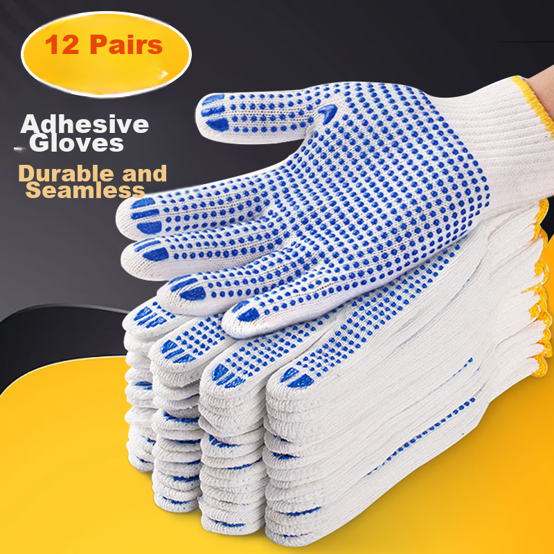 Qianyu 12 Pairs of Thick Work Gloves, Durable Cotton Work Gloves, Construction Site Rubber Gloves, Random Color