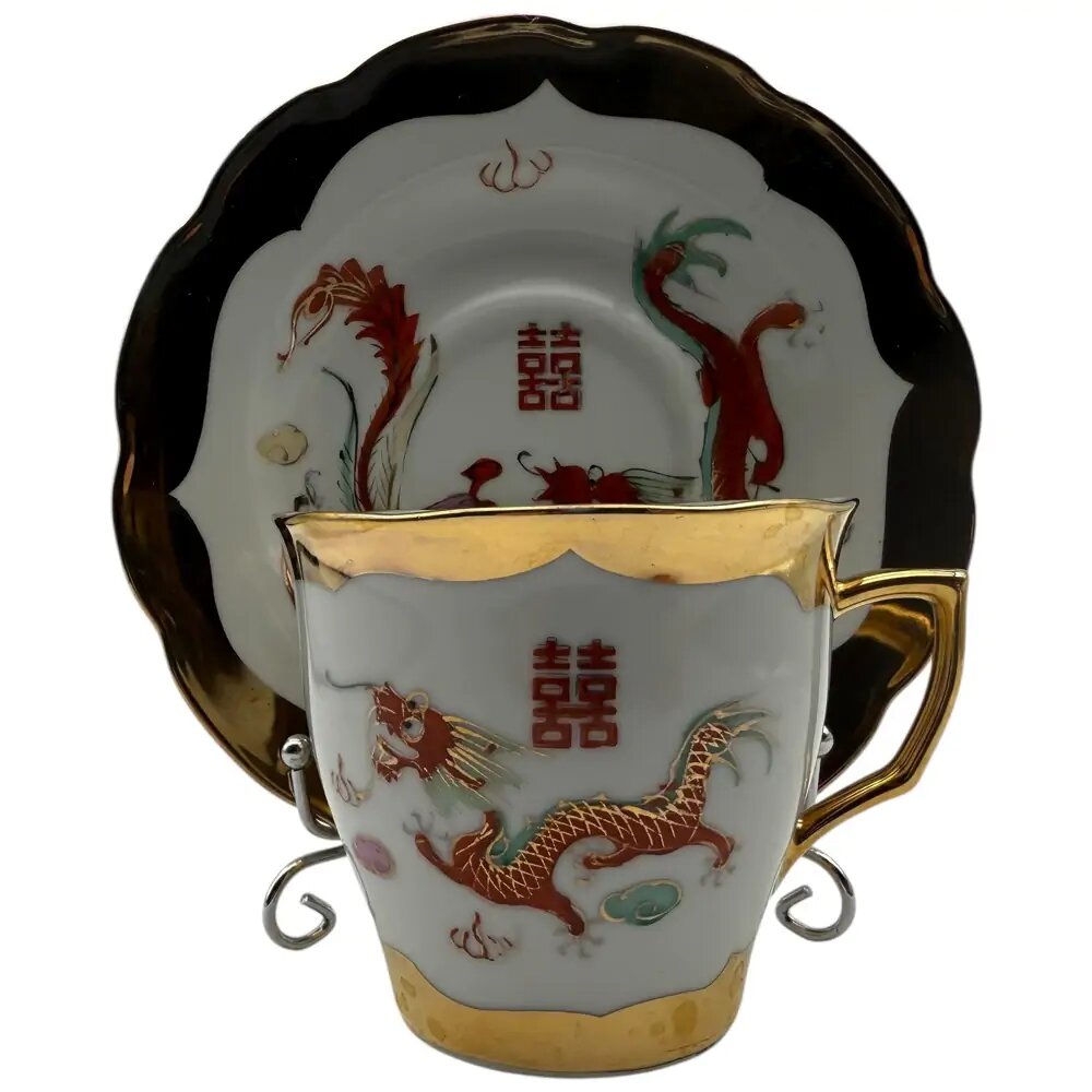 Чайная пара "Красный Дракон и Феникс", 220 мл, роспись, позолота, 1960-1970 гг, Цзиндэчжэнь, Китай