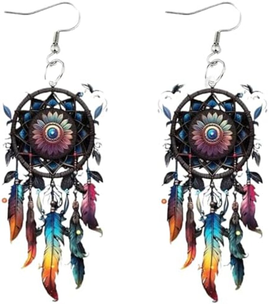 Серьги-перья Bohemian Dreamcatchers, Акриловые серьги в Богемном стиле с перьями и цветами для Женщин, Красочные украшения с подвесками в виде Ловцов снов, Украшения в стиле хиппи для фестивалей, Пляжных дней