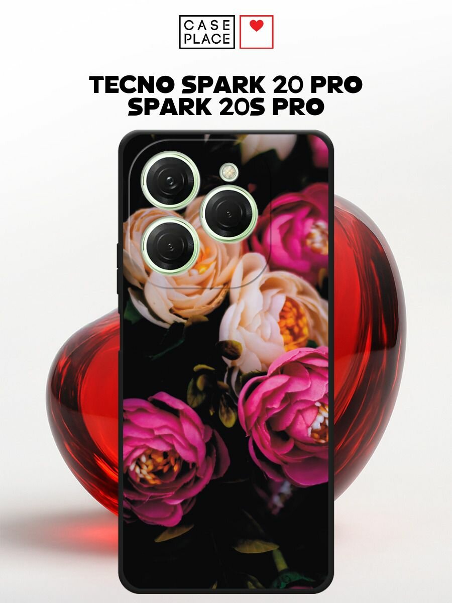 Черный матовый чехол на Tecno Spark 20 Pro/20S Pro / Текно Спарк 20 Про/20S Pro с принтом Бордовые пионы