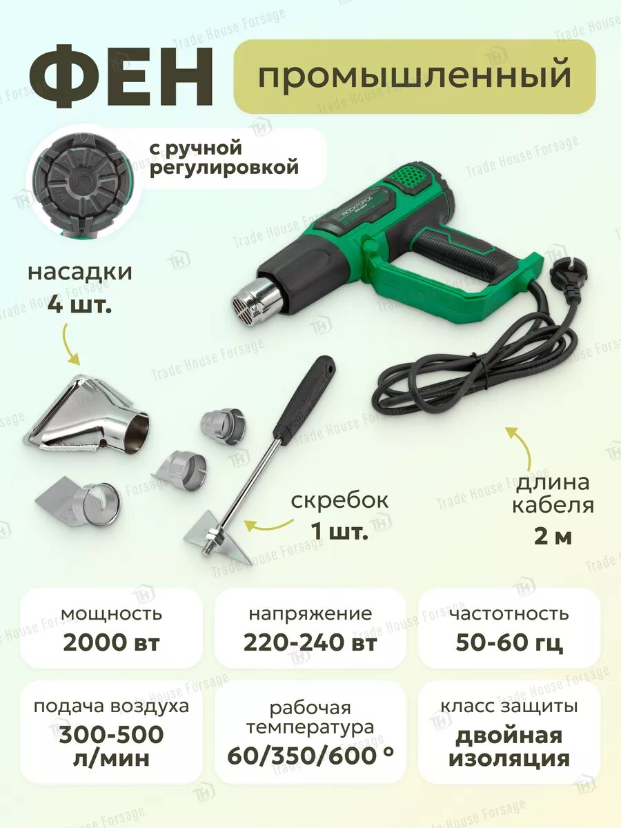 Фен строительный с дисплеем и насадками 2000 Вт