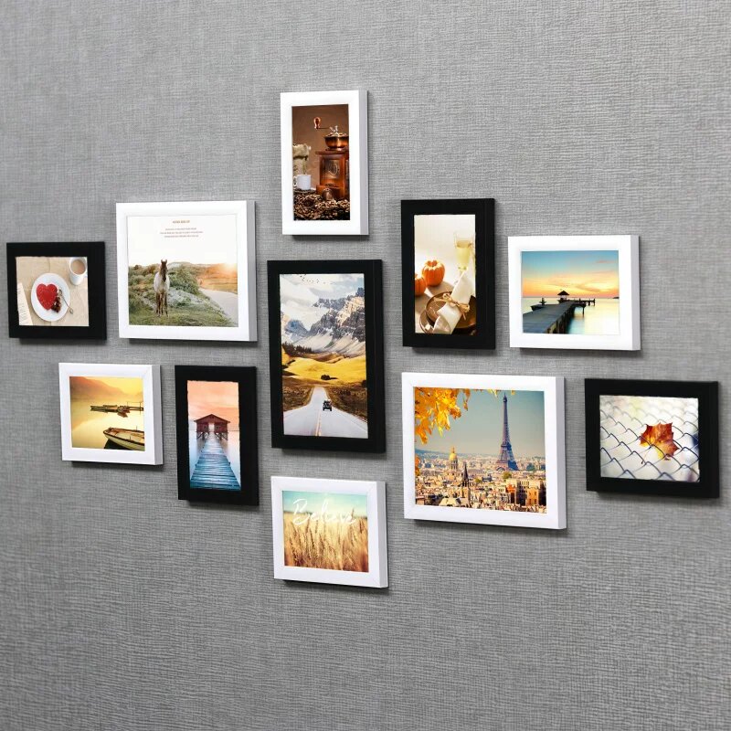 Современный набор настенных фоторамок с 3x7-дюймовыми и 8x5-дюймовыми рамками в черно-белом смешанном оформлении