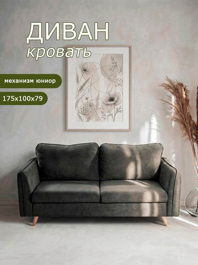 Диван-кровать Брендосс 6134 диван раскладной цвет графит, износостойкий велюр, 2 места, механизм Юниор