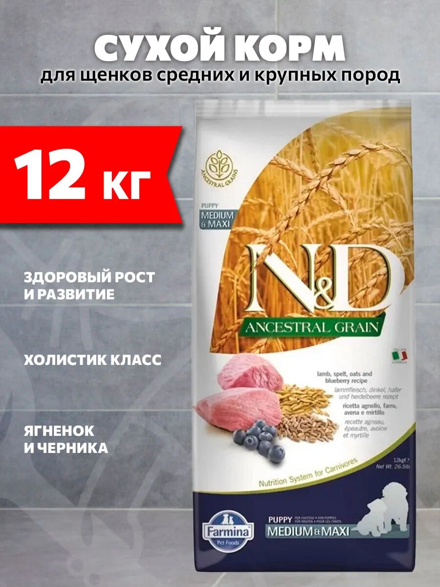 Корм сухой Farmina Dog N&D Ancestral Grain Puppy Medium & Maxi Lamb & Blueberry низкозерновой для щенков средних и крупных пород, ягненок, черника, 12 кг
