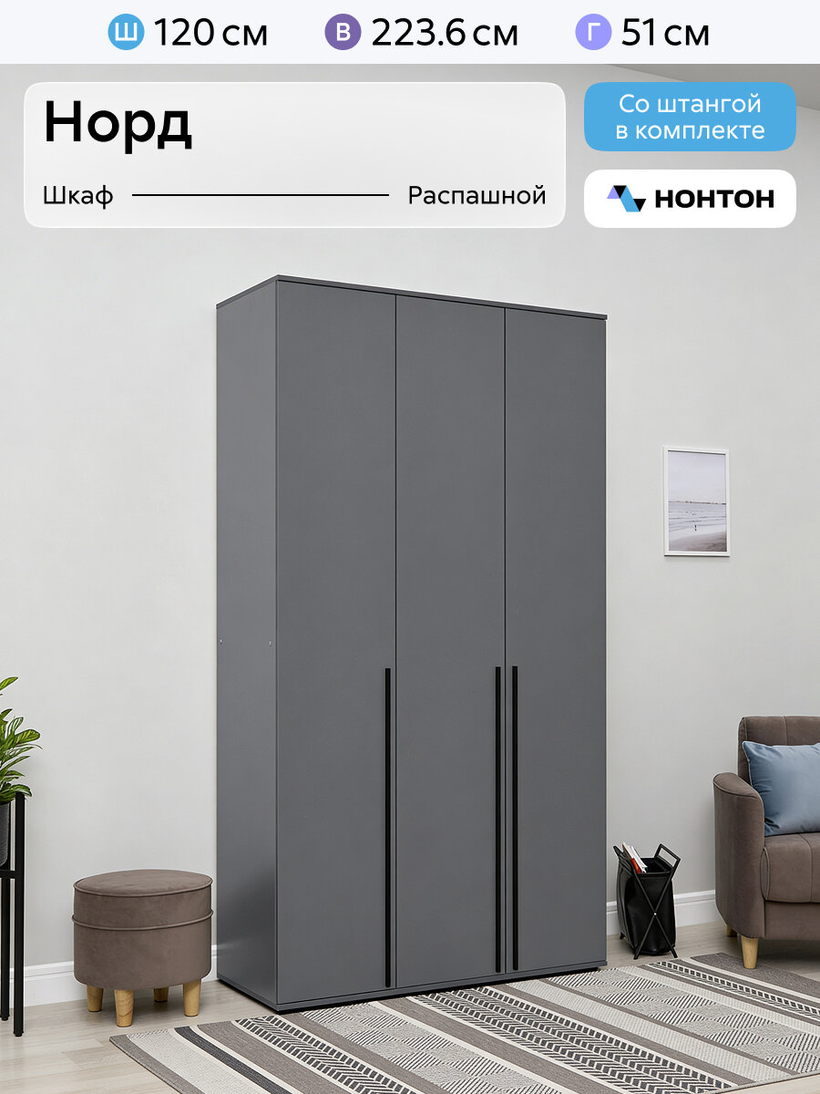 Шкаф для одежды Нонтон Норд, 120x51x223 см, графит