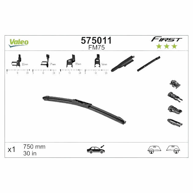 Щетка стеклоочистителя бескаркасная универсальная VALEO 575011 First Multiconnection 750 мм, под крюк + 5 адаптеров