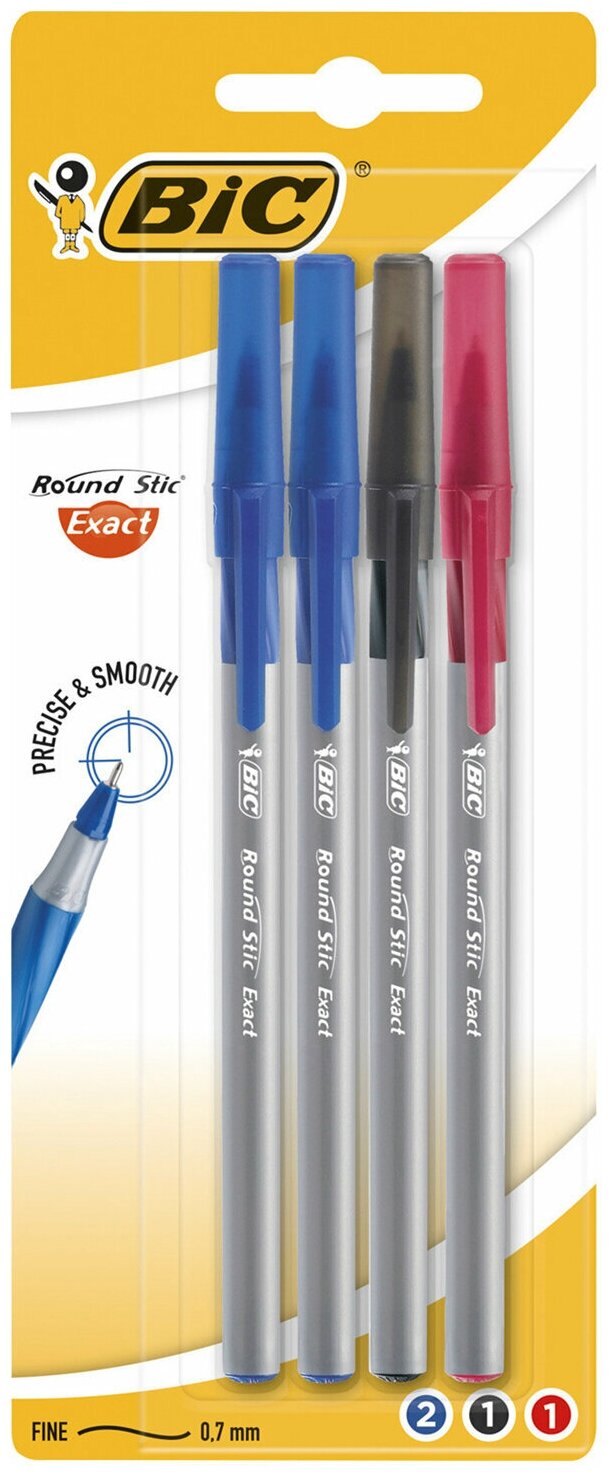 Ручки шариковые с грипом BIC "Round Stic Exact", набор 4 шт./3 цвета (синий, черный, красный), линия письма 0,28 мм, блистер, 932858