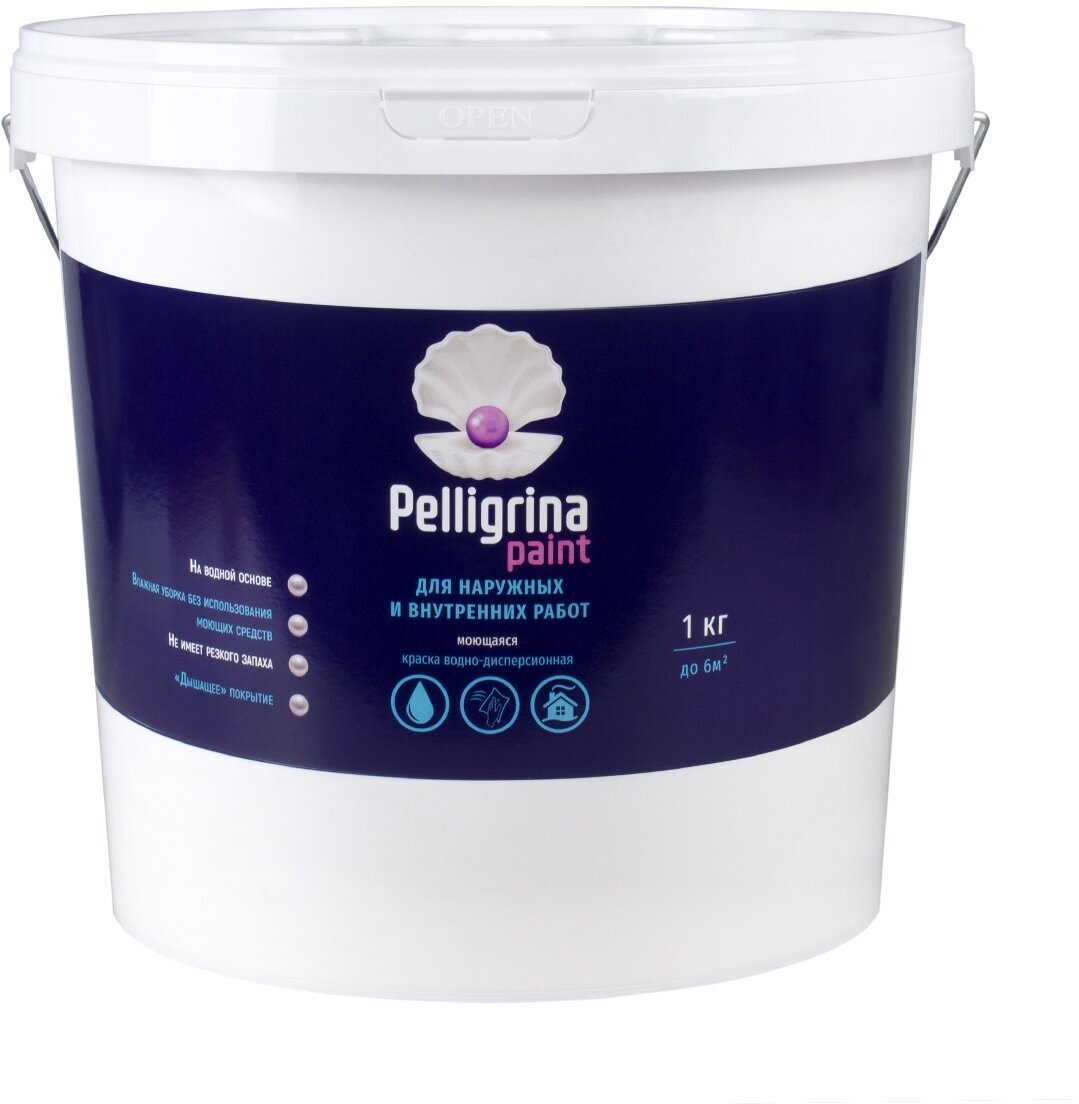 Краска моющаяся для наружных и внутренних работ Pelligrina Paint, акриловая, белоснежная, 25 кг
