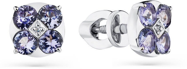 Серьги пусеты белое золото, 585 проба, танзанит, бриллиант