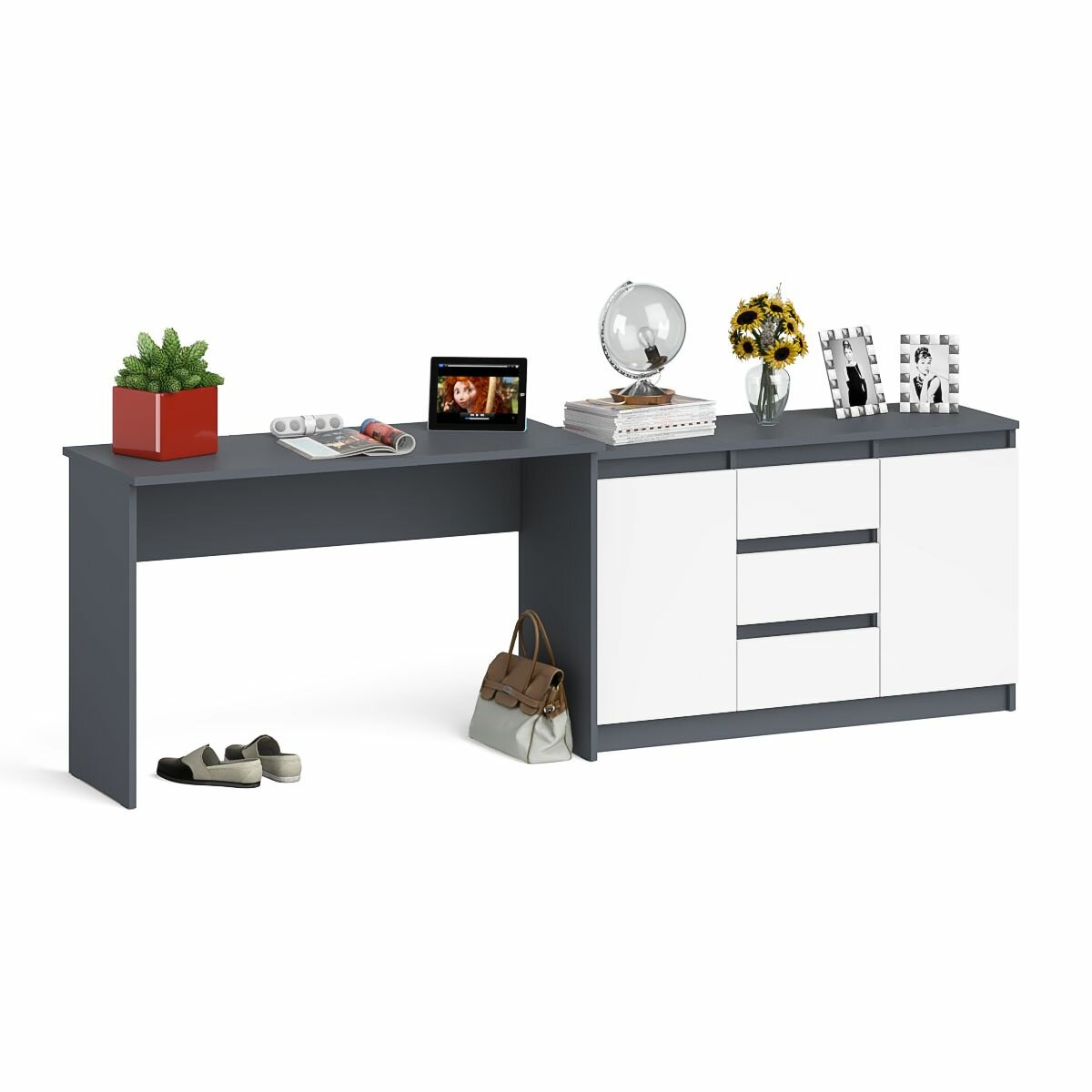 Письменный стол СВК Мори МК-1200-3 с комодом-тумбой цвет графит/белый, 240,8х50х76,6 см.