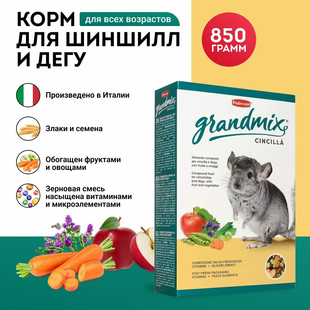 Padovan Корм GRANDMIX cincilla комплексный/основной корм для шиншилл и дегу 850г