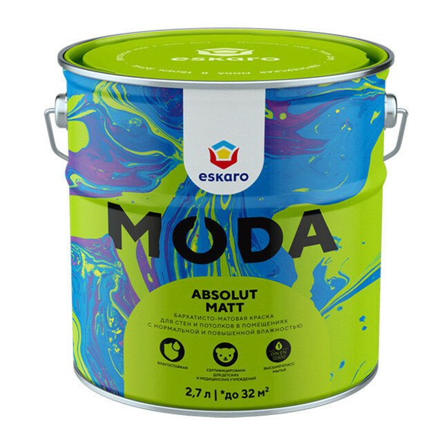 Краска акриловая ESKARO Moda Absolut Matt база А для стен и потолков 2,7л белая, арт.4630042541054