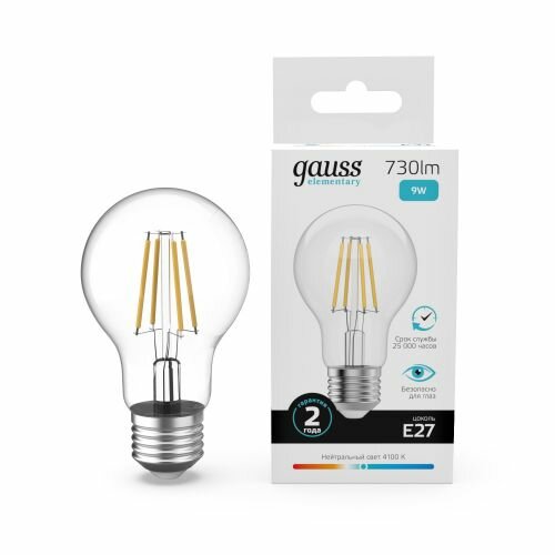 Светодиодная лампа Gauss Filament Elementary А60 9W 730lm 4100К Е27 LED 1/10/50