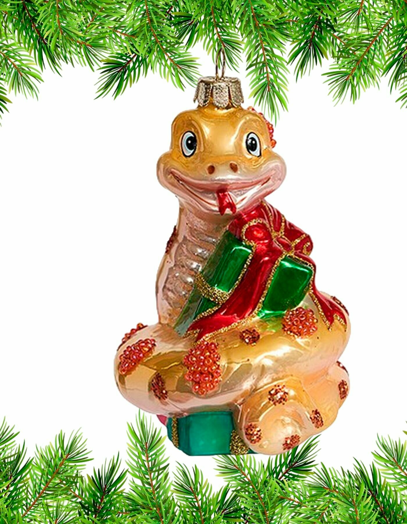 Игрушка на елку Змея с подарком 11см золотая