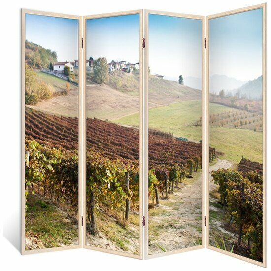 Ширма перегородка Декор Депо для комнаты деревянная "Виноградники" двухсторонняя с картинкой (природа) 4 створки кремовый дуб 176х185 см 14 кг
