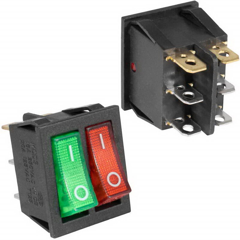 Клавишный переключатель ON-OFF, 2 клавиши красная и зеленая, 6 контактов, подсветка