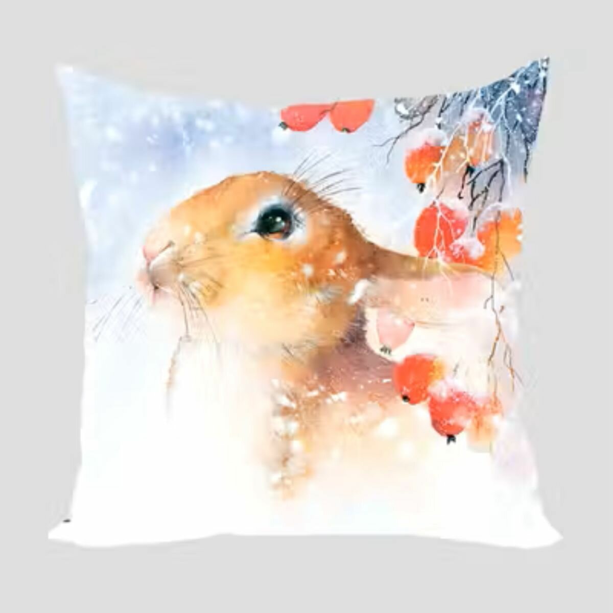 Чехол для подушки Зайка и рябина 40х40 велюр