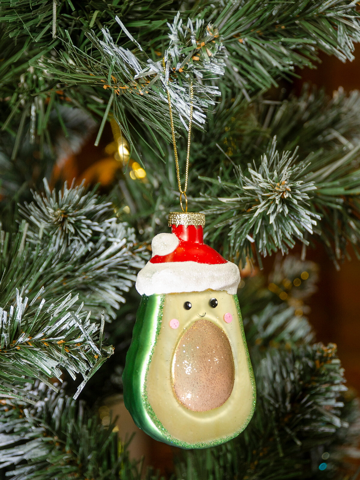 Стеклянная новогодняя елочная игрушка "UltraMarin" 148-LN НГ Авокадо в шапочке 1 шт.