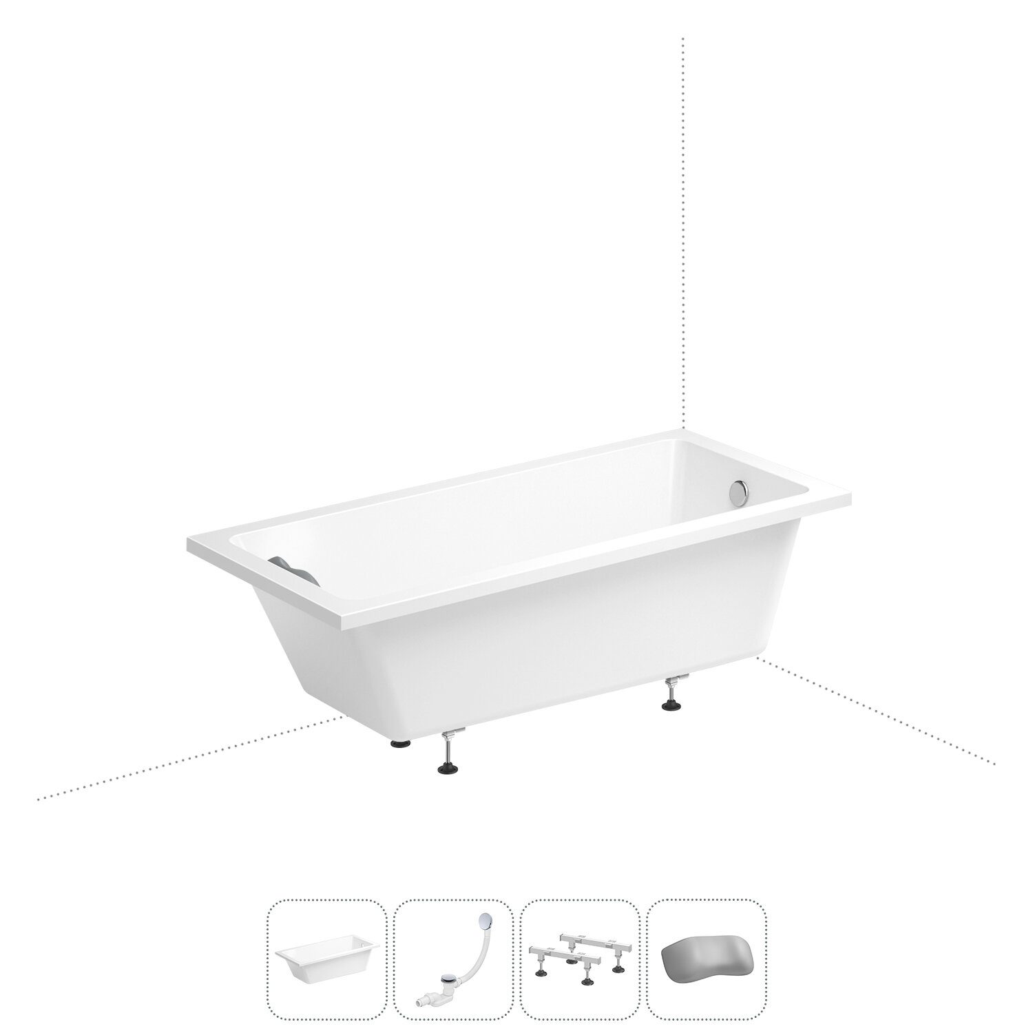 Акриловая ванна 150х80 Wellsee FreeDom 20212757R в наборе 4 в 1: ванна акриловая 150 х 80 см в цвете белый глянец, слив-перелив хром, ножки, подголовник