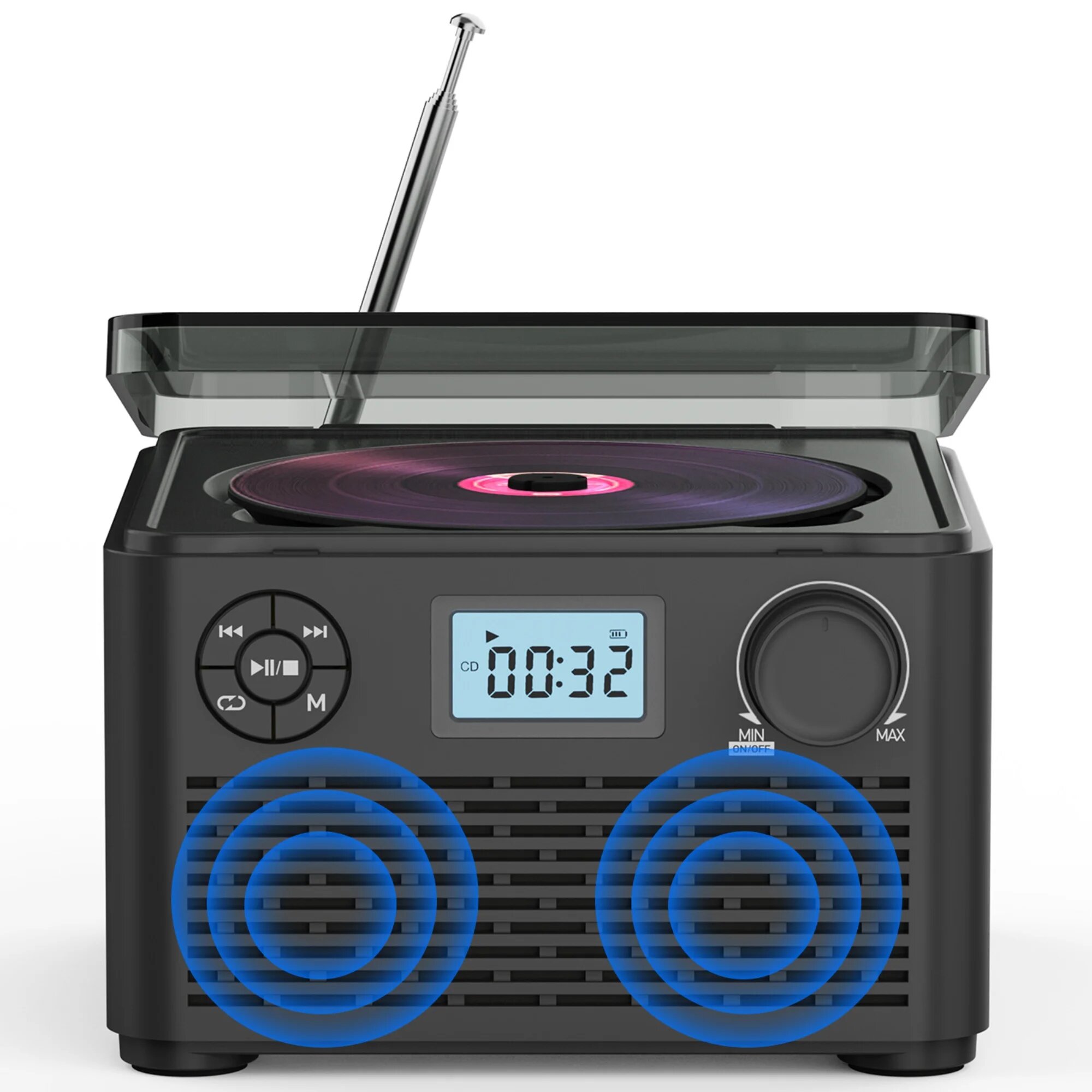 Модный портативный CD-плеер, можно подключить по Bluetooth, есть FM-радио, зарядка через USB, высококачественное стерео, черный