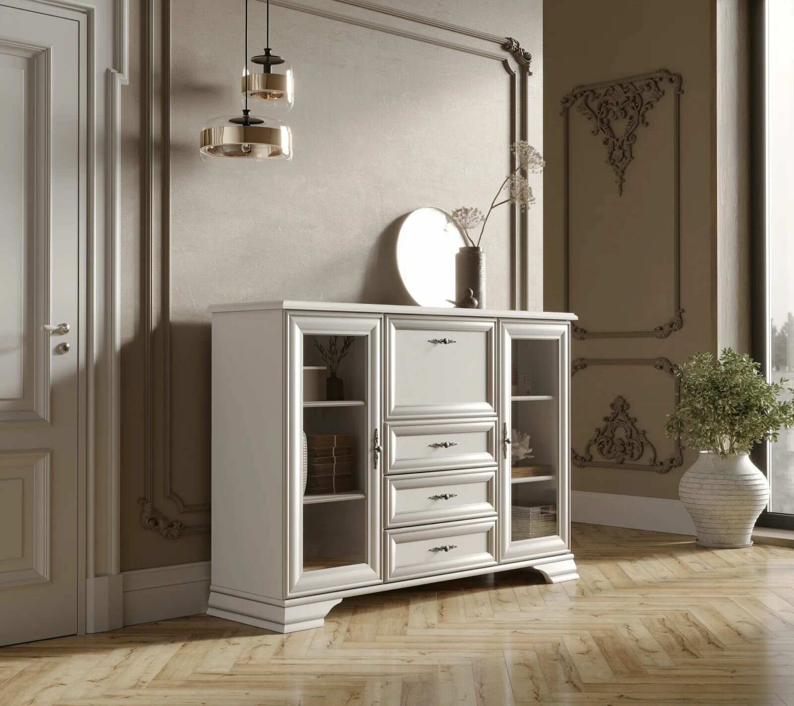 Тумба-витрина Kentaki KOM2W3S1B белый, напольная с ящиками и полками