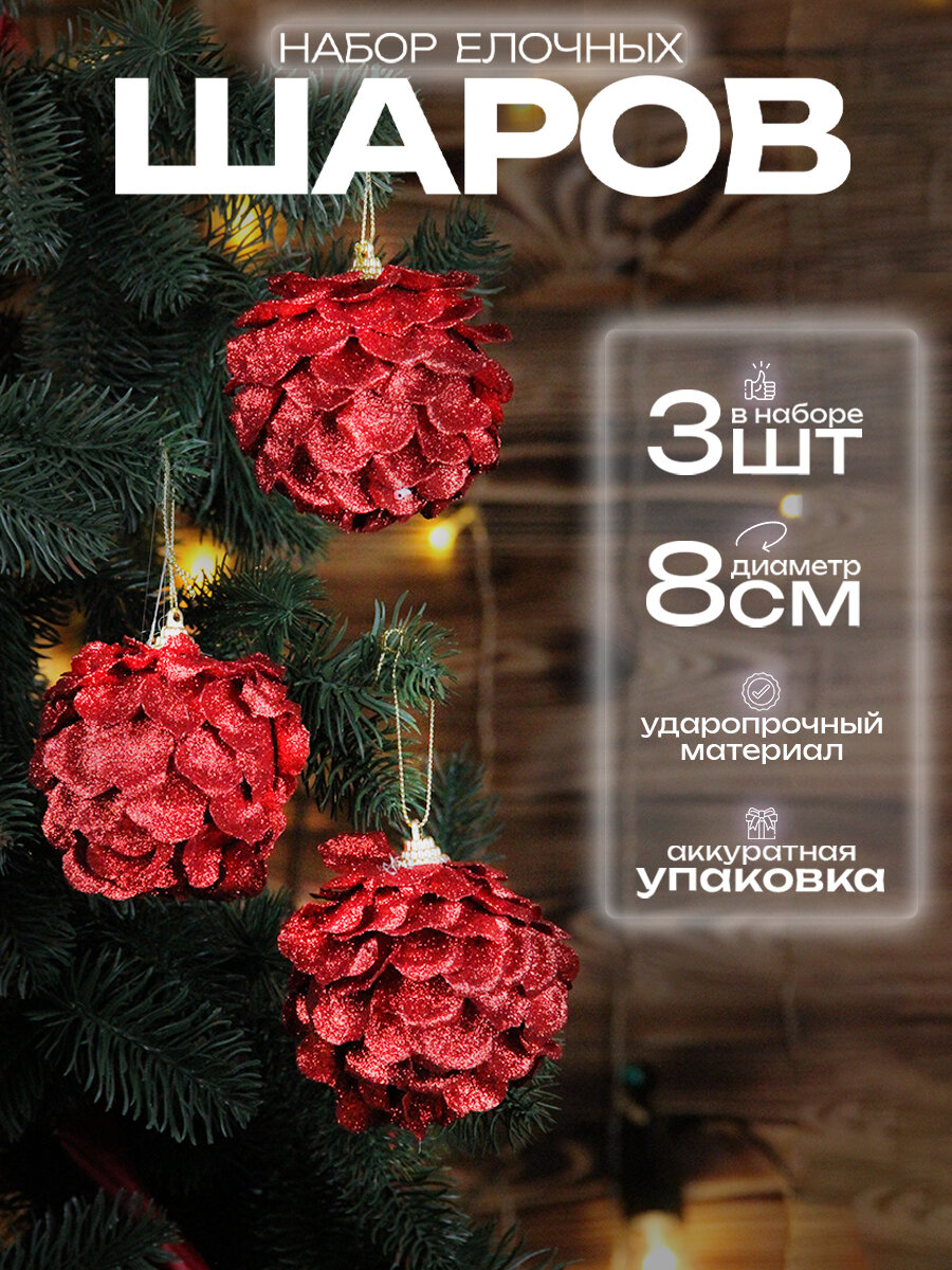 Елочные шары набор 8 см, 3 шт, красный
