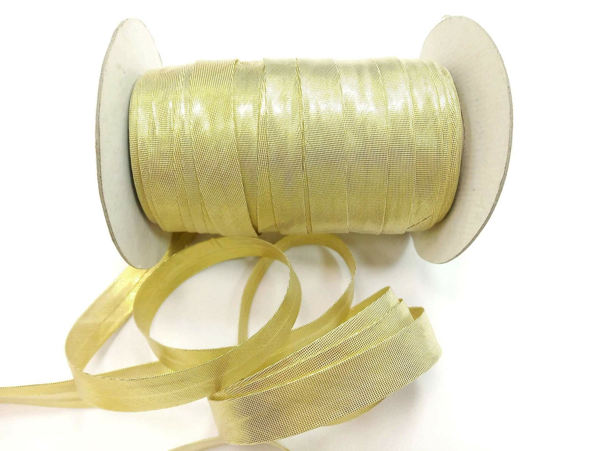 Косая бейка металлизированная, 15 мм светлое золото, 110 метров