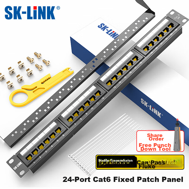 SK-LINK Cat6 Network Patch Panel 24 Ports, CAT6 19-Inch Rack-Mounted 1U Unshielded Cabinet, Engineering-Grade Gold-Plated Cable Management Rack, Network Cable Management Trough, SK-P6
