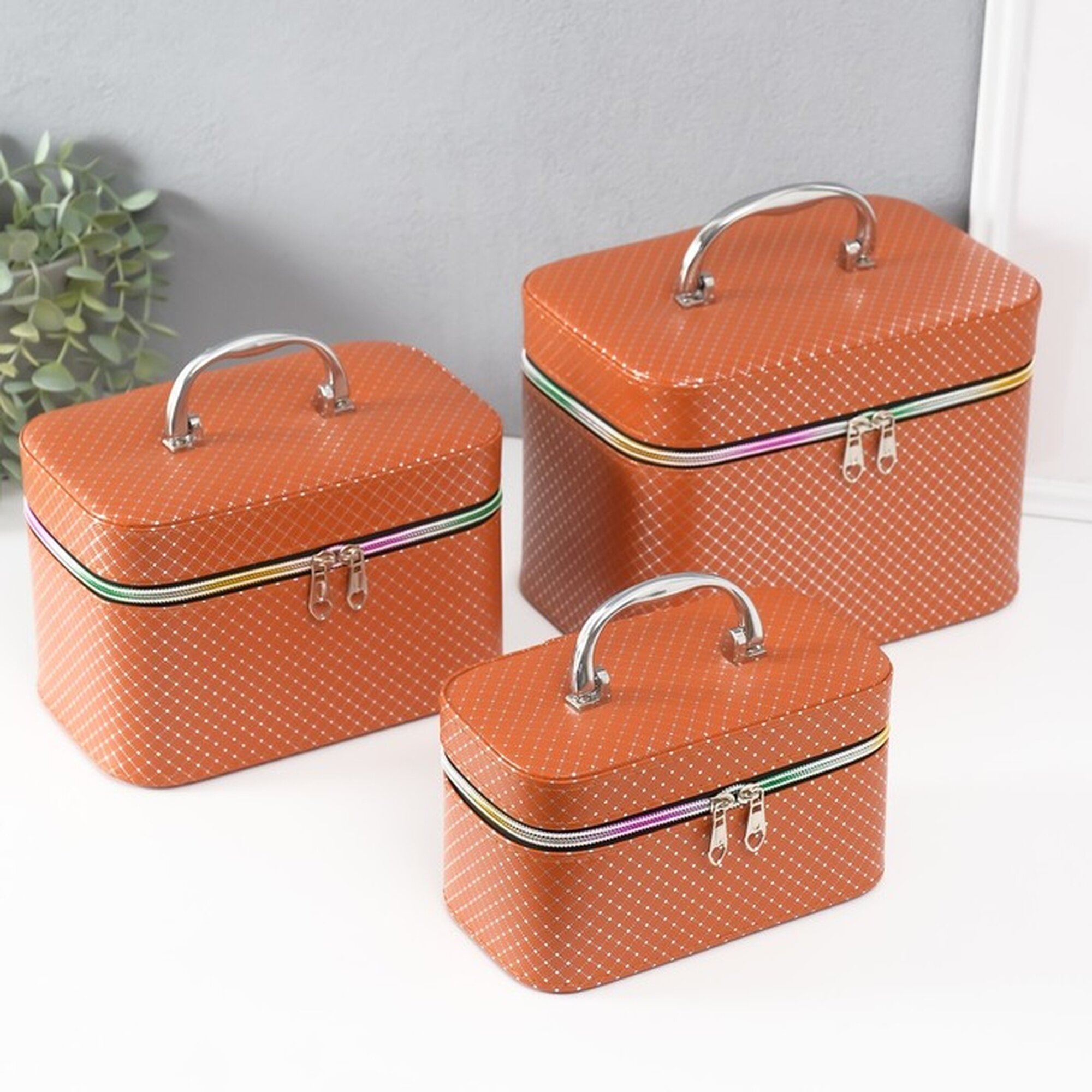 Набор шкатулок для украшений с зеркалом «Ромбы», 3 шт, искусственная кожа, охра